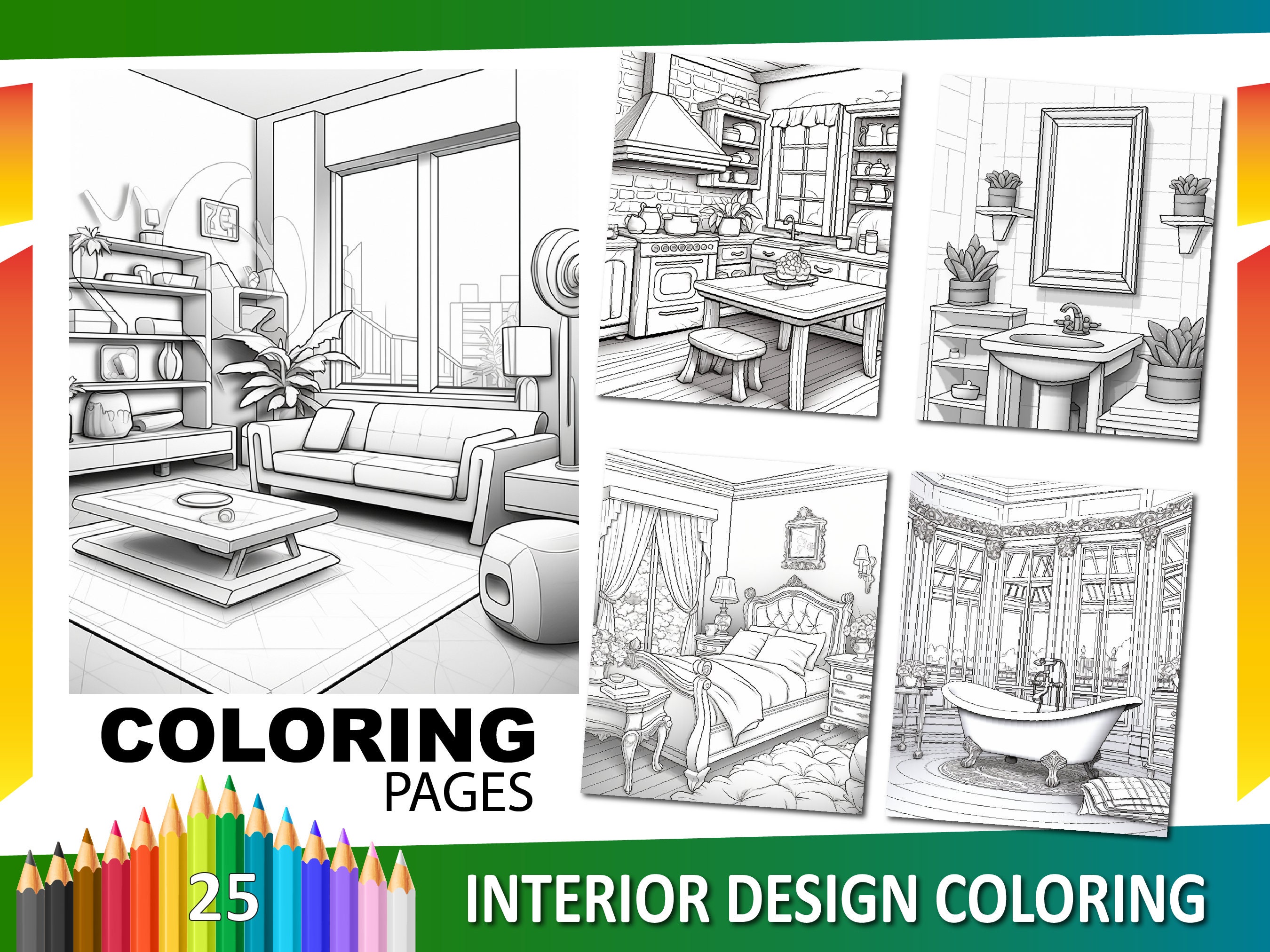 25 Beautiful Interior Design Coloring Page for Adults, Kids, Instant ...