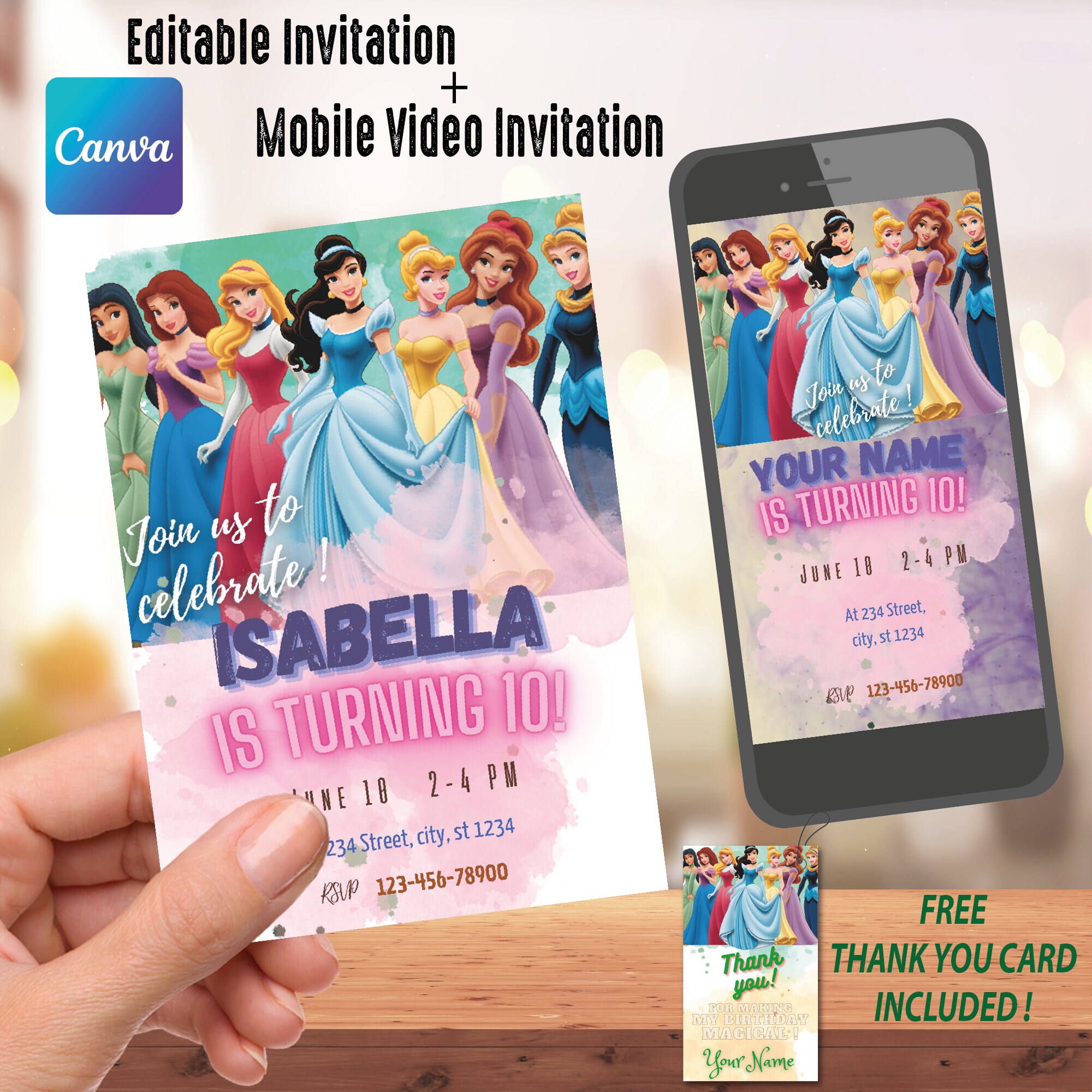 Editable Princesses Birthday Invitation Template, Printable and Video ...