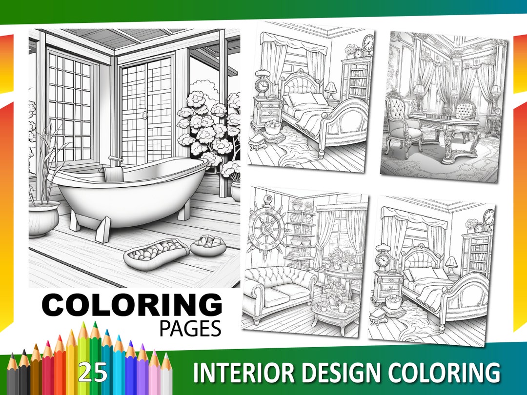 25 Beautiful Interior Design Coloring Page for Adults, Kids, Instant ...