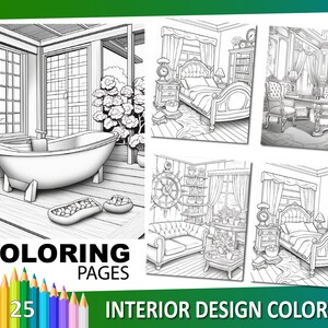 25 Beautiful Interior Design Coloring Page for Adults, Kids, Instant ...