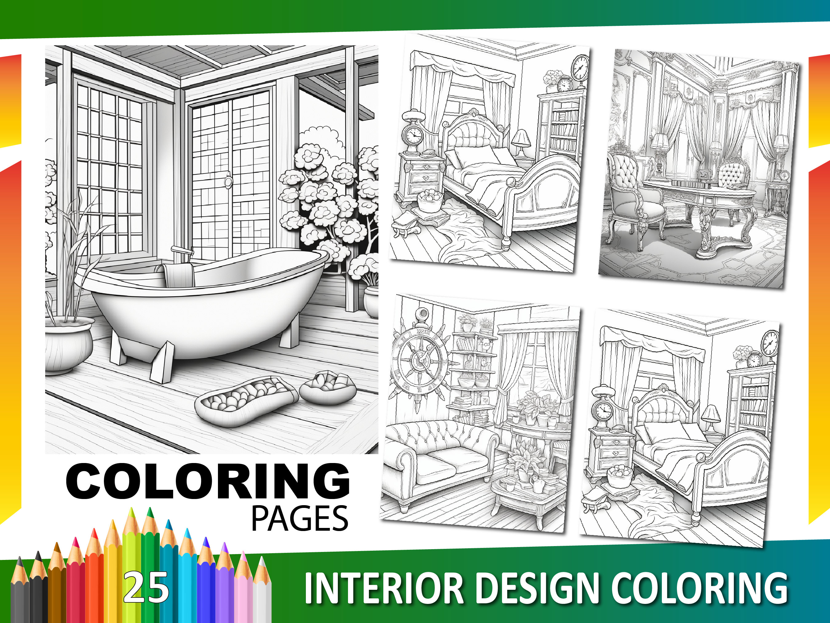 25 Beautiful Interior Design Coloring Page for Adults, Kids, Instant ...