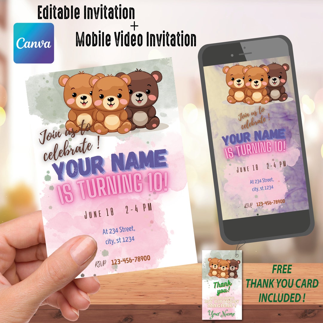 Editable Teddy Bear Birthday Invitation Template, Printable and Video ...