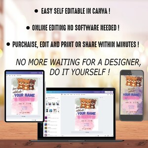 Editable Teddy Bear Birthday Invitation Template, Printable and Video ...