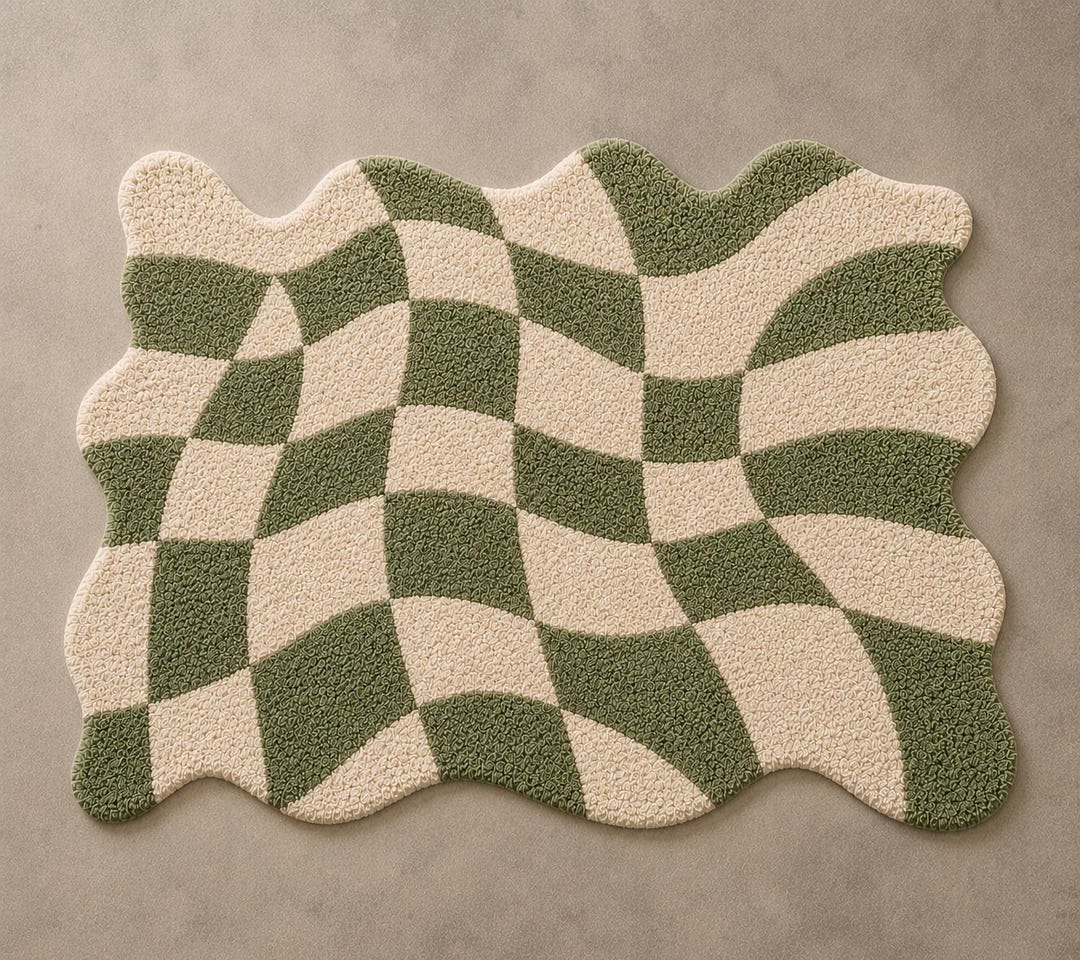 Sage Green Checker Rug, Handmade Tufted Area Rug, Wavy Checkered Carpet ...