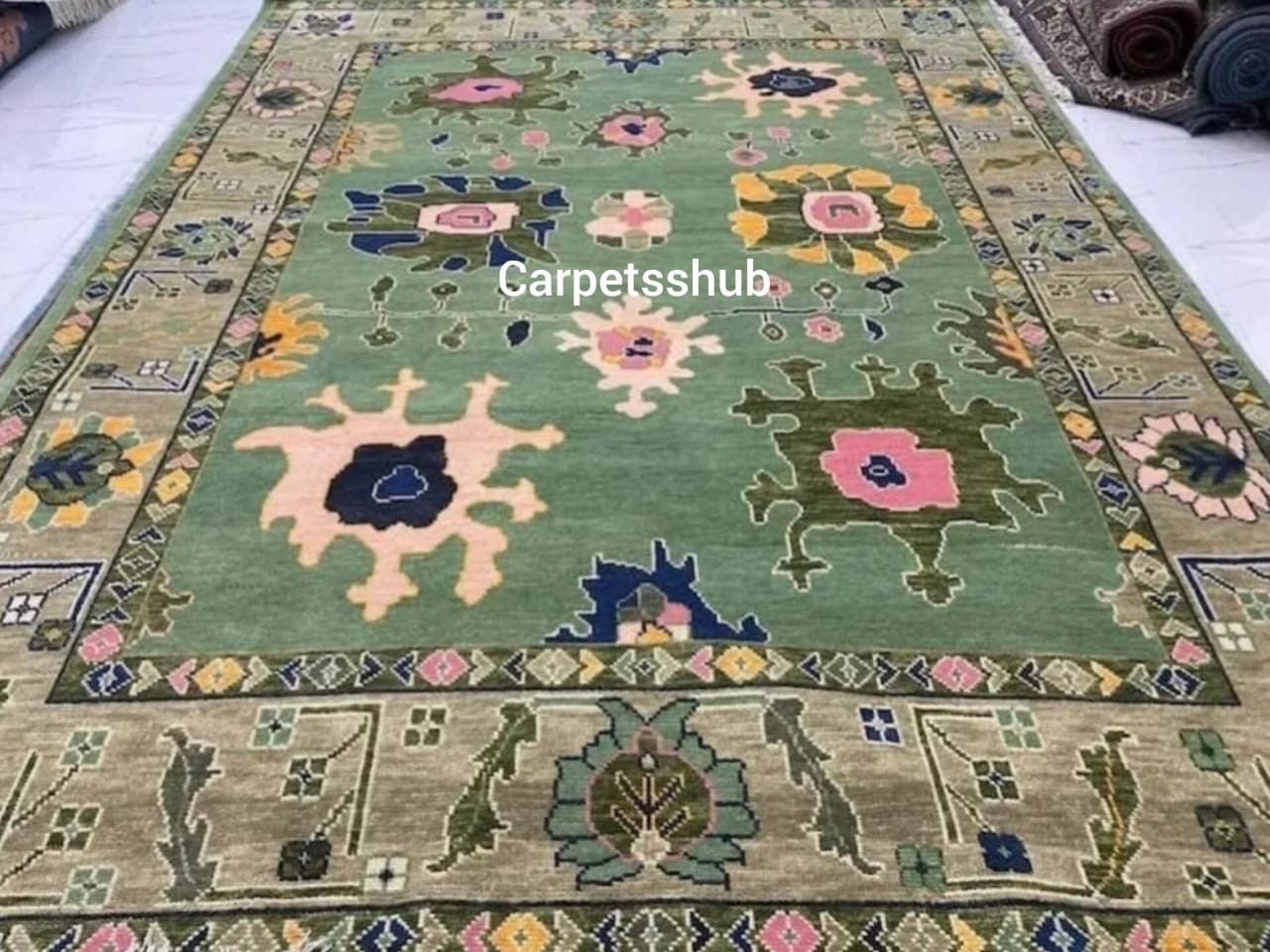 Persian Green & Pink Oushak Rug | Turkish Knot 5x7 |antique Oushak Rug ...