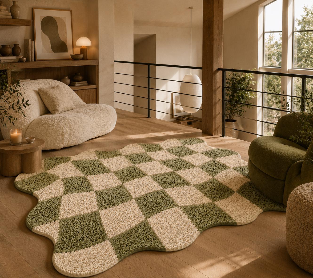 Sage Green Checker Rug, Handmade Tufted Area Rug, Wavy Checkered Carpet ...