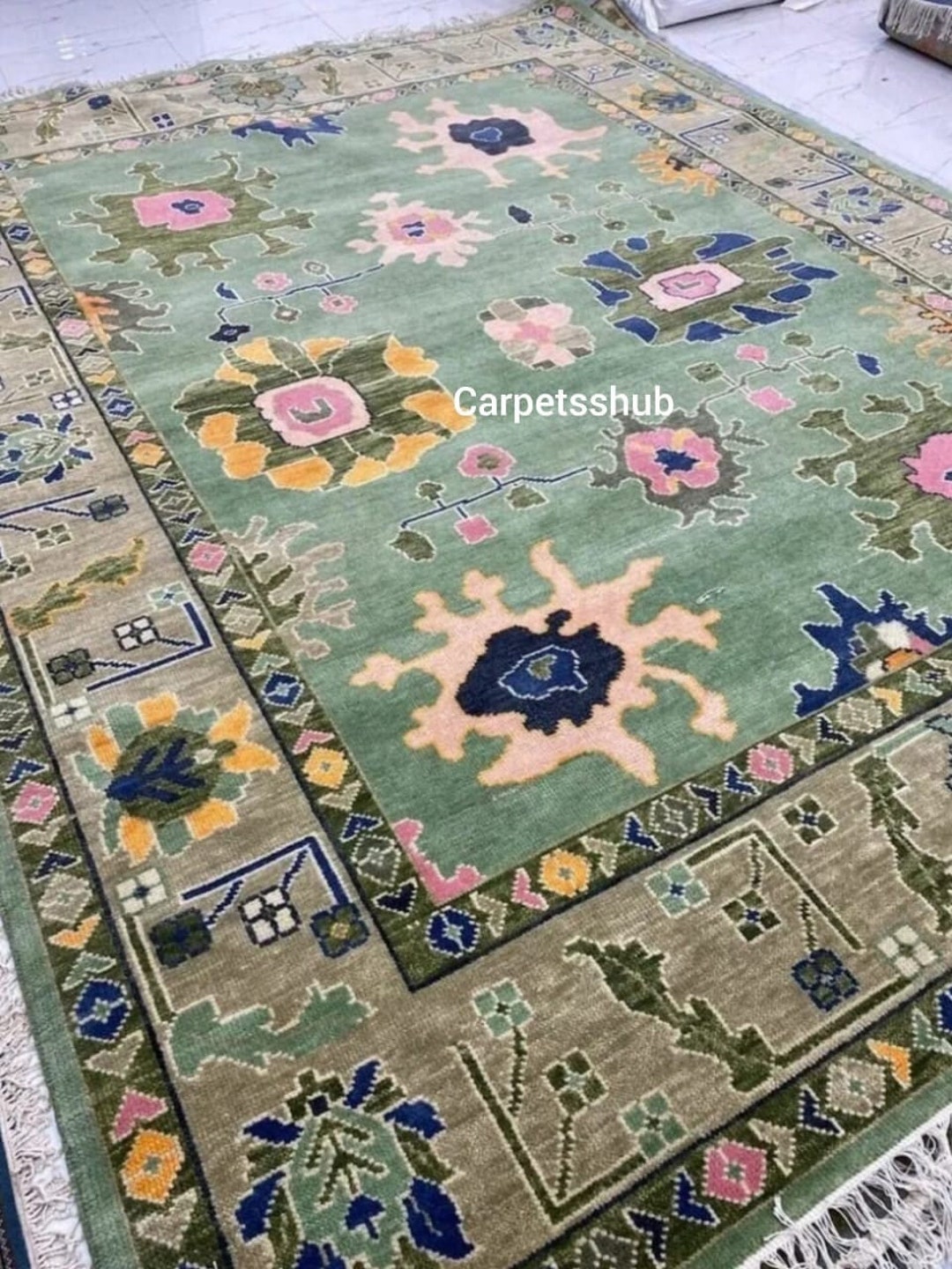 Persian Green & Pink Oushak Rug | Turkish Knot 5x7 |antique Oushak Rug ...