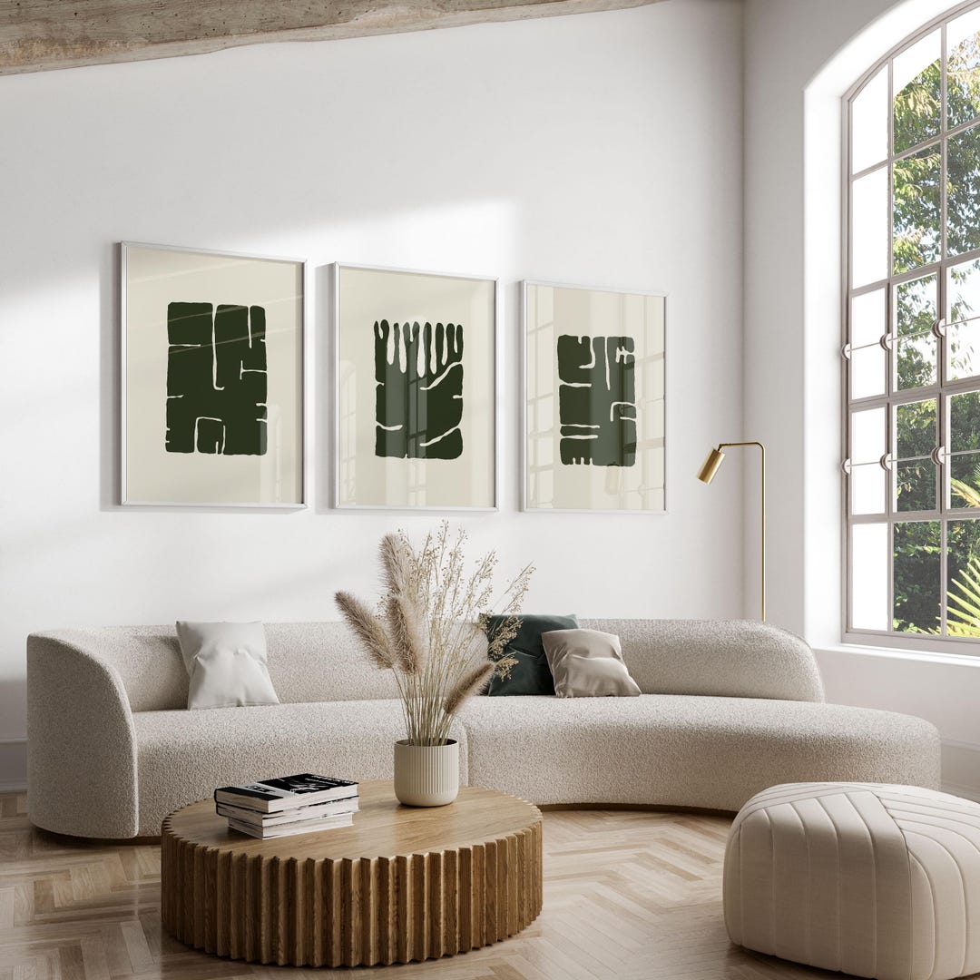 Large Statement Wall Art Set 3 Piece Primitive Abstract Prints in Deep ...