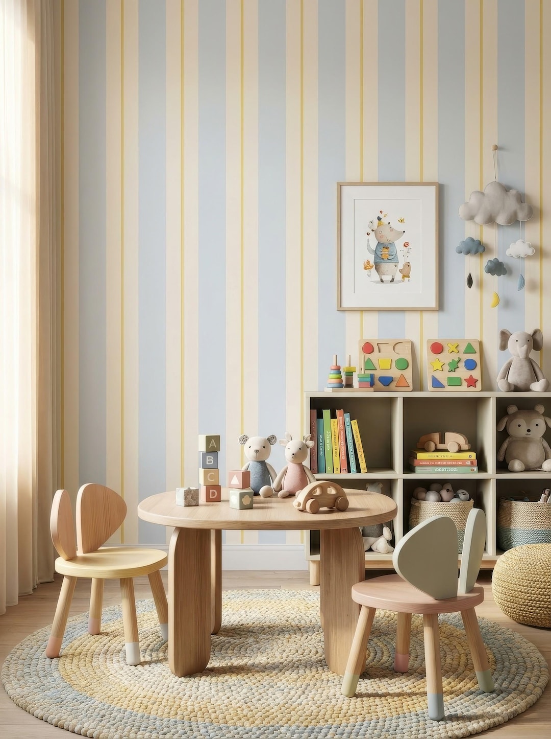 Butter Yellow & Baby Blue Pinstripe Wallpaper — Peel and Stick Soft ...