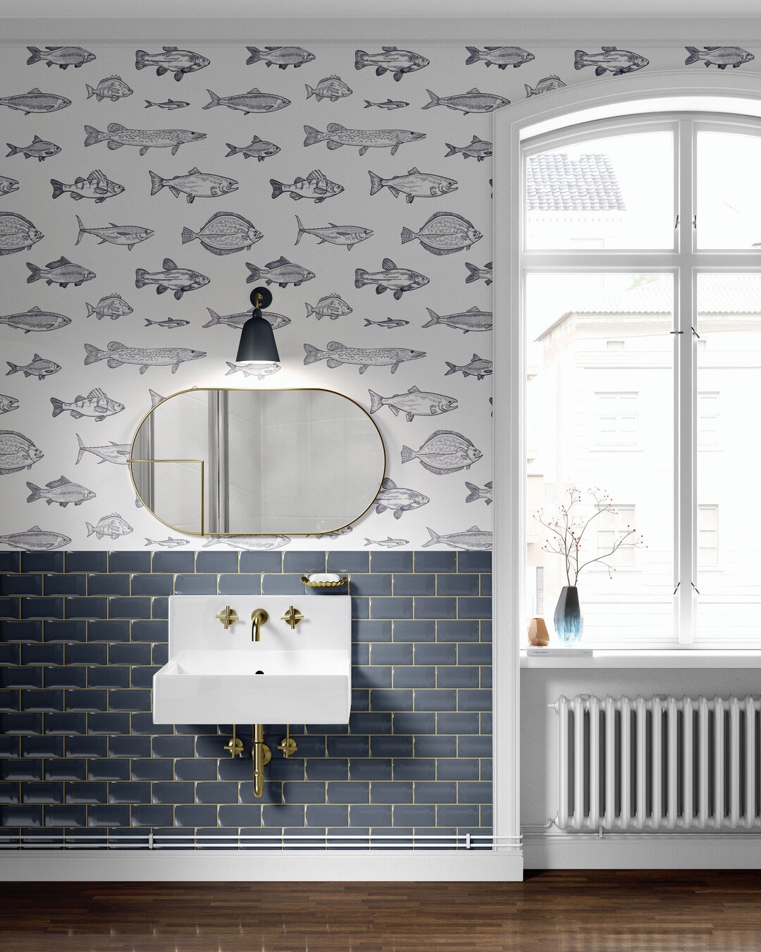 Fish Wallpaper Removable Navy Blue Wallpaper Nautical Vintage Peel and ...