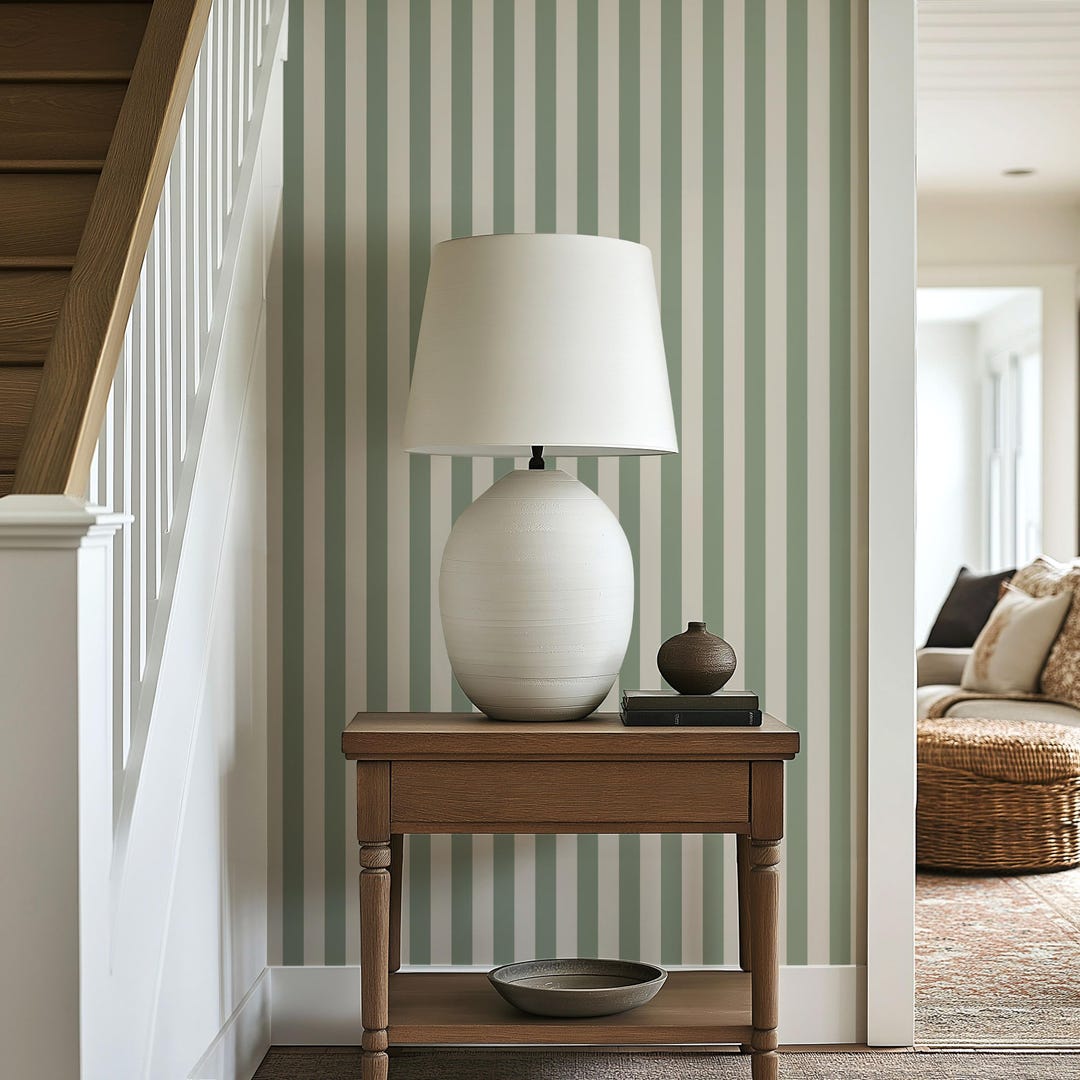 Preppy Striped Wallpaper Peel and Stick Green Beige Wall Mural Timeless ...