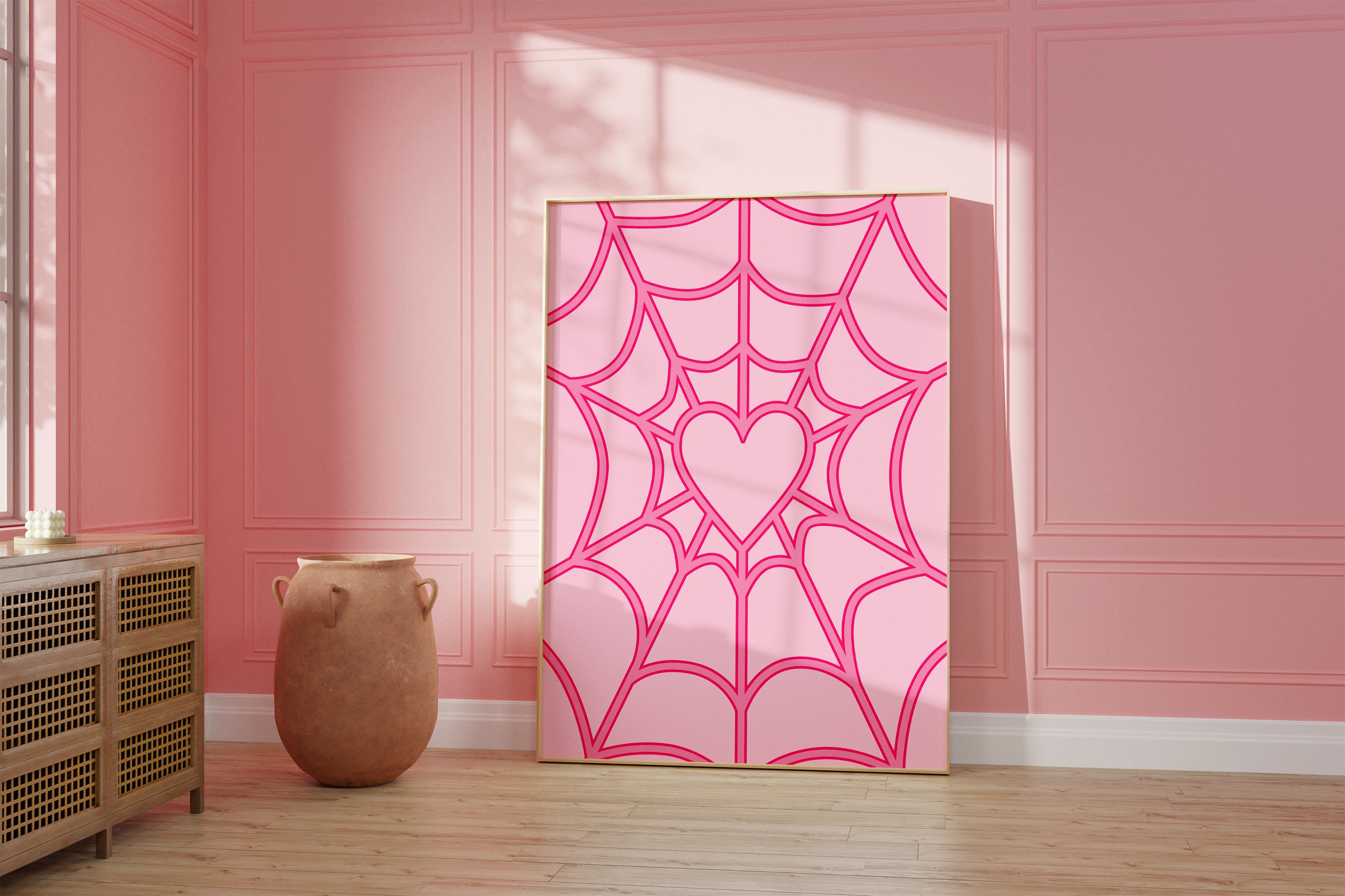 Pink Halloween Decor, Pink Cobweb Heart, Preppy Wall Art Halloween ...