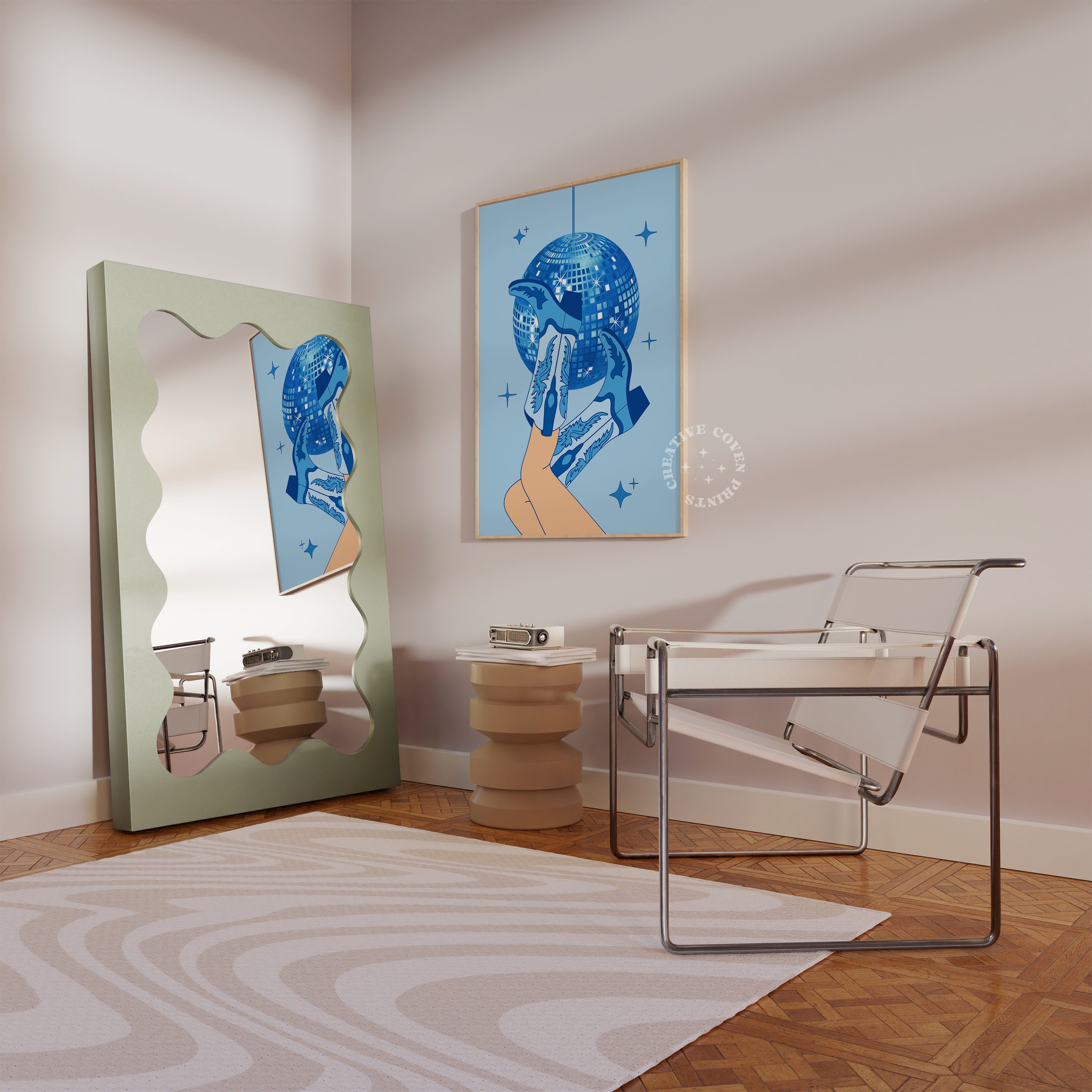 Cowgirl Boots Disco Ball Poster, Blue Preppy Wall Art, Trendy Western ...