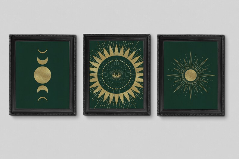 Emerald Green Gold Celestial Set of 3 Prints Celestial Decor Green and ...