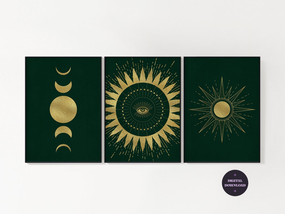 Emerald Green Gold Celestial Set of 3 Prints Celestial Decor Green and ...
