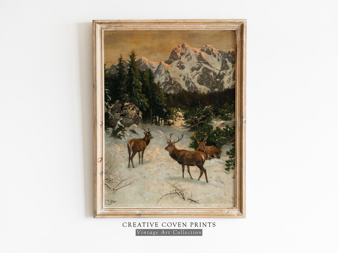 Winter Vintage Landscape Print | Deer Painting Wall Art | Christmas ...
