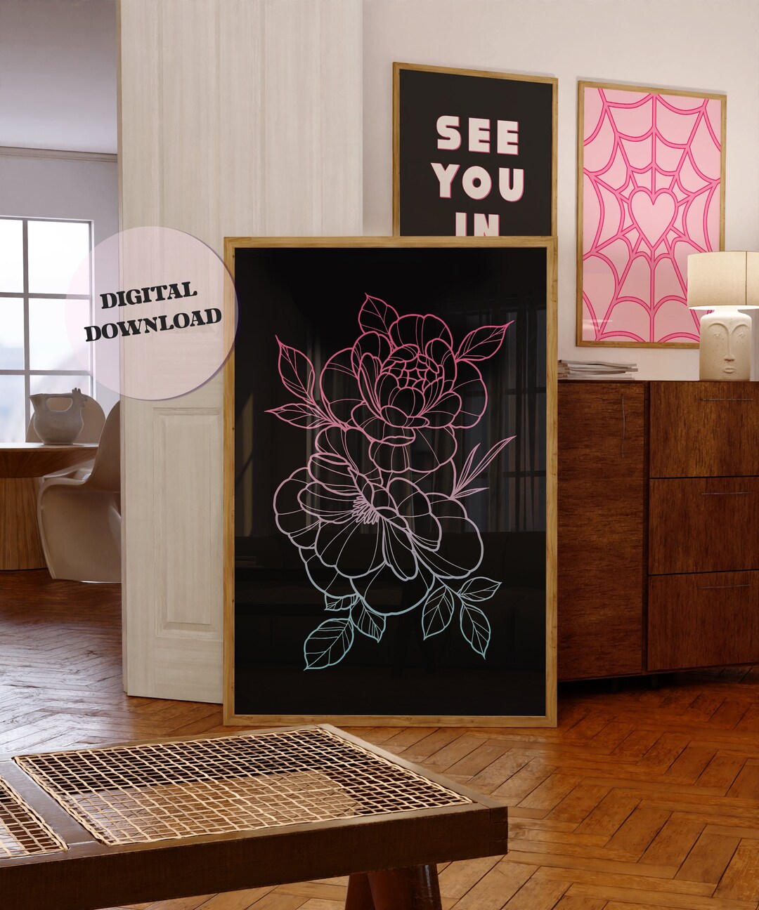 Peonies Poster, Pastel Flowers, Pink Floral Art, Tattoo Style Print ...