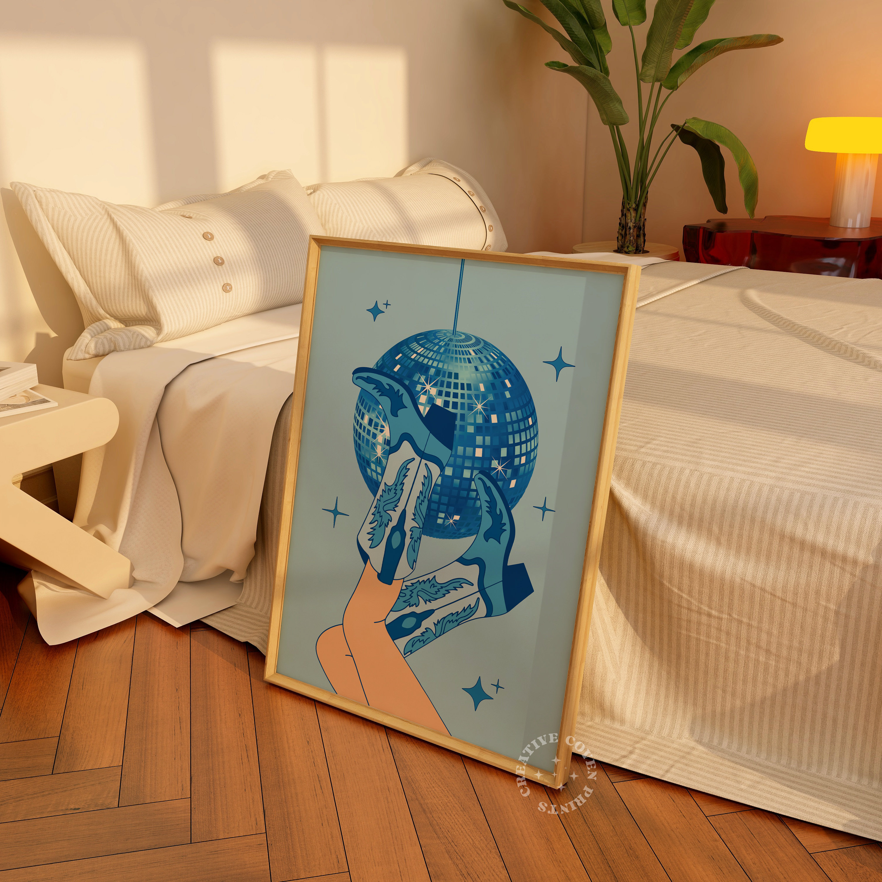 Cowgirl Boots Disco Ball Poster, Blue Preppy Wall Art, Trendy Western ...