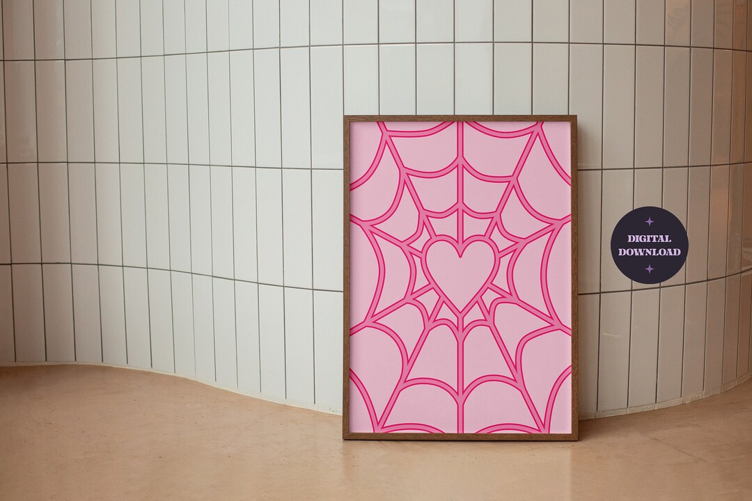 Pink Halloween Decor, Pink Cobweb Heart, Preppy Wall Art Halloween ...