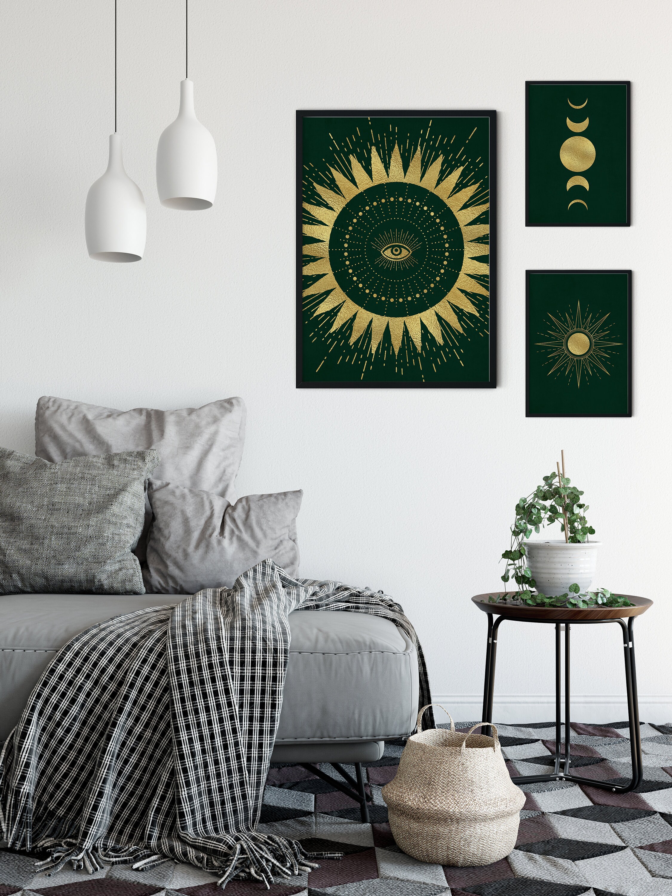 Emerald Green Gold Celestial Set of 3 Prints Celestial Decor Green and ...