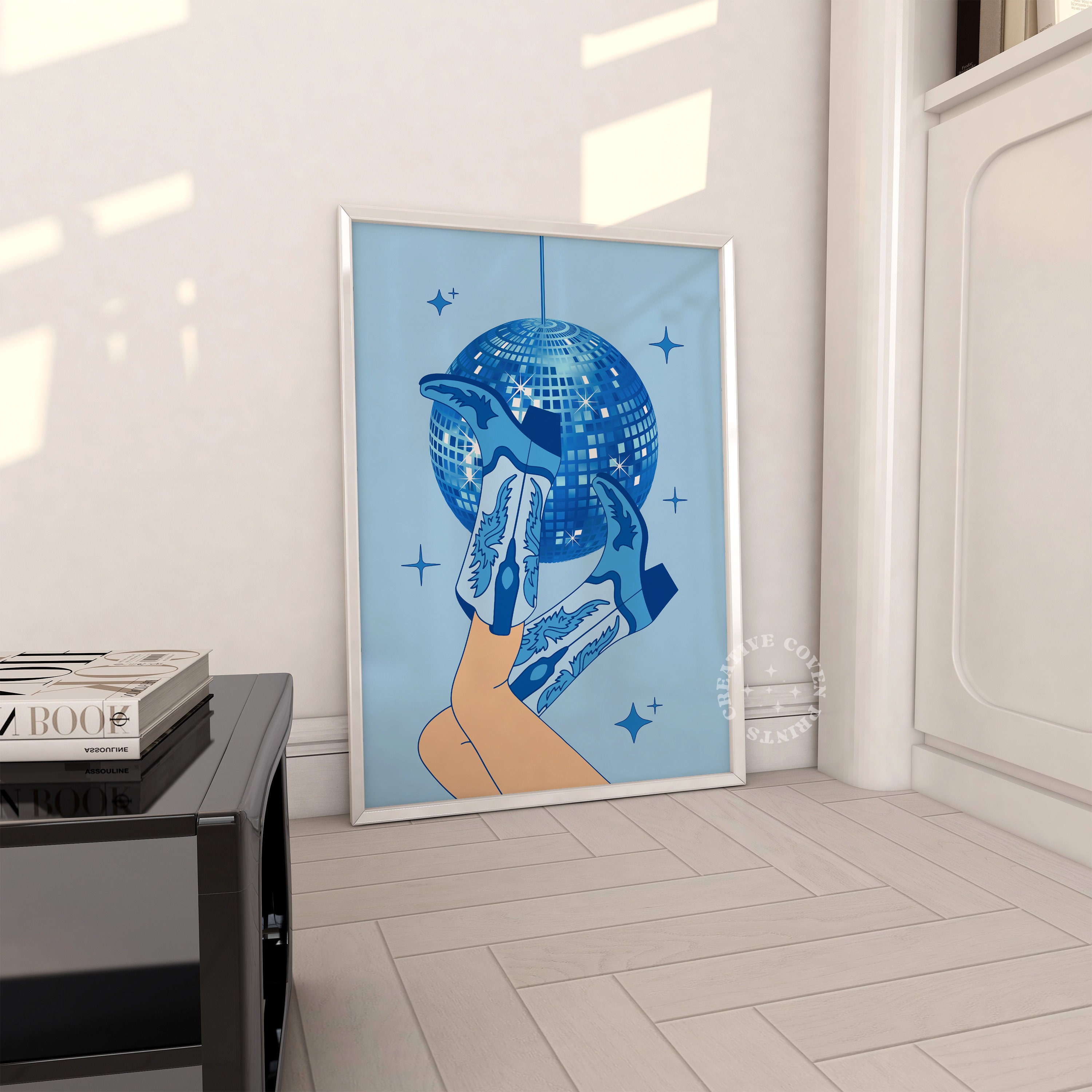 Cowgirl Boots Disco Ball Poster, Blue Preppy Wall Art, Trendy Western ...
