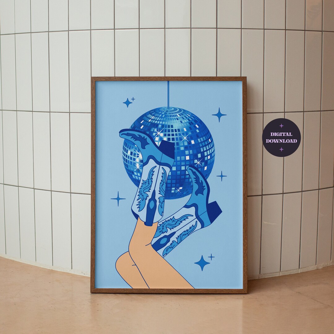 Cowgirl Boots Disco Ball Poster, Blue Preppy Wall Art, Trendy Western ...