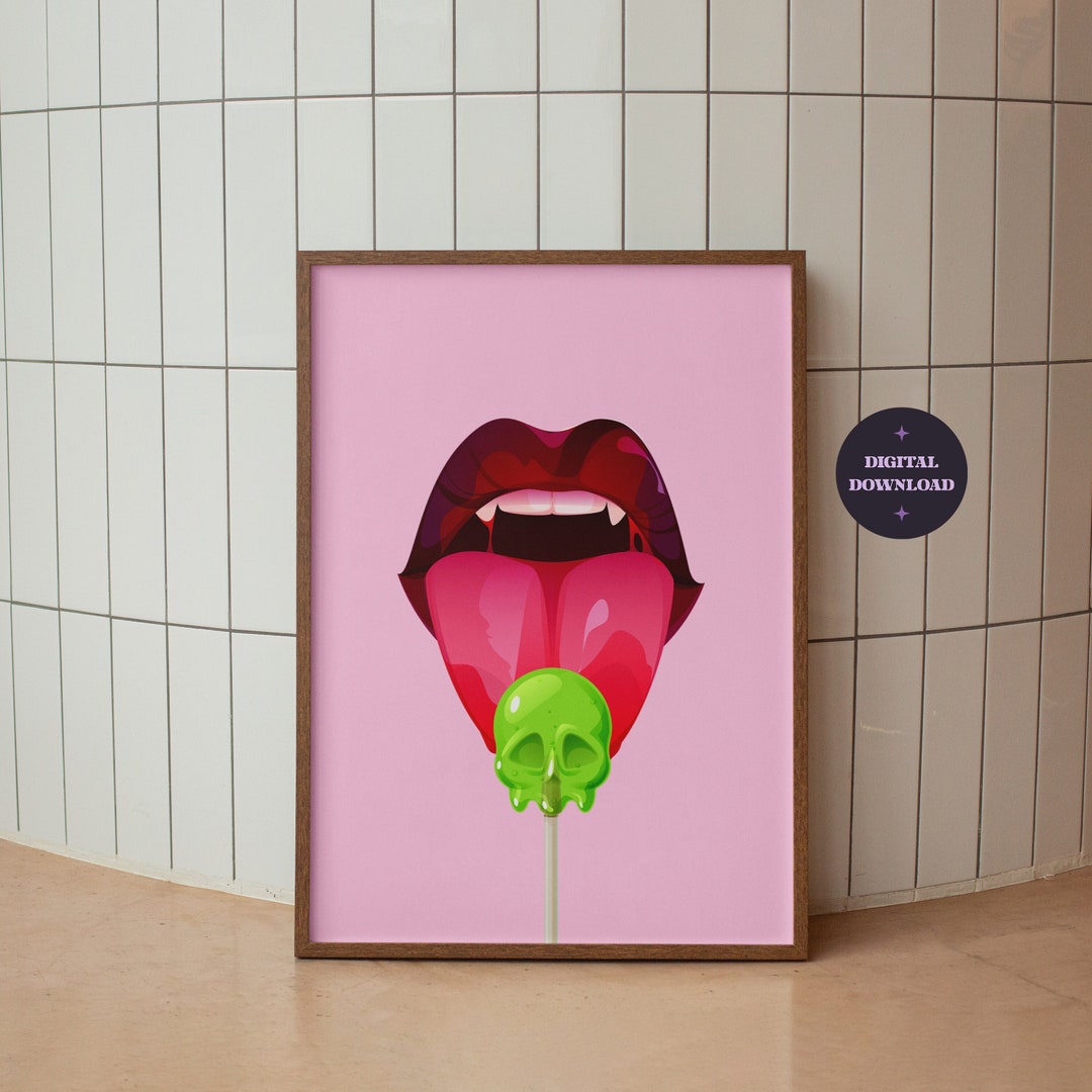 Pastel Goth Art, Halloween Printable Art Pink, Vampire Lips Preppy Wall ...