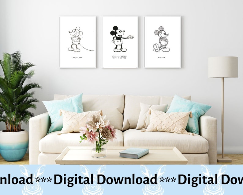 Arte de pared imprimible de Mickey Mouse esbozado Conjunto de 3 Cita ...