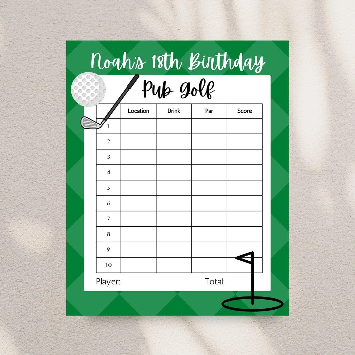 Pub Golf Scorecard Template Green | Digital Download | Customisable ...