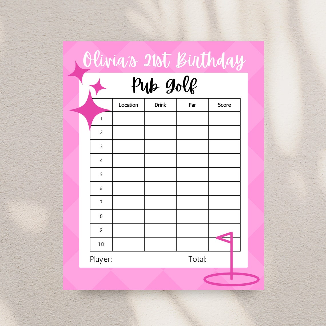 Pub Golf Scorecard Template Pink | Digital Download | Customisable ...