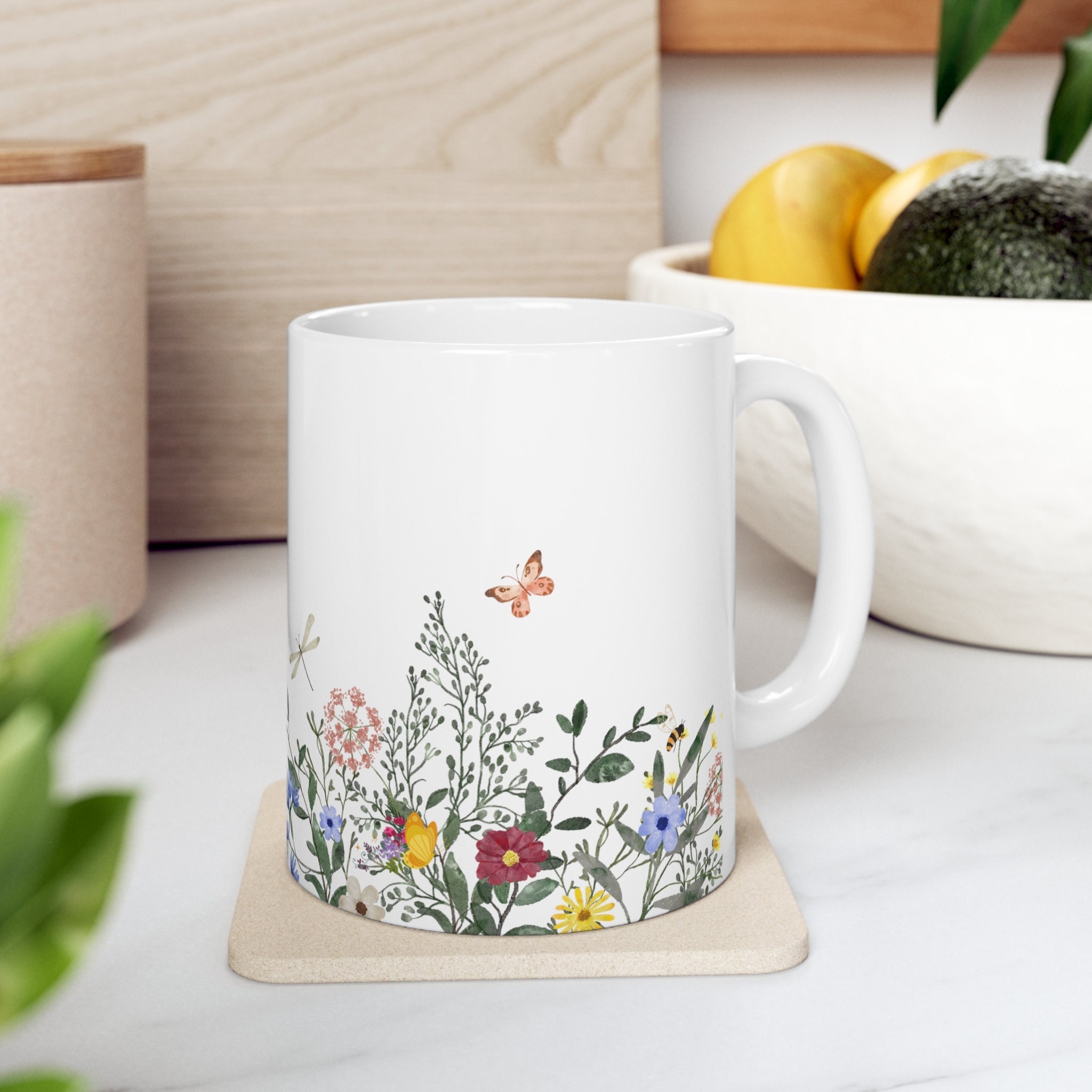 Pressed Flowers Mug, Boho Wildflowers Cottagecore Coffee Mug ...