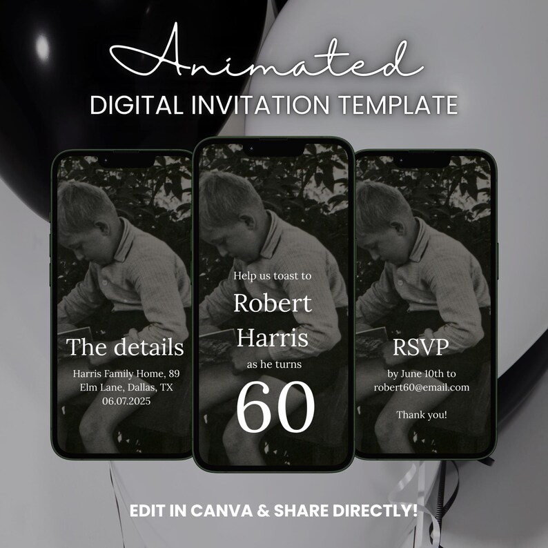 Animated 60th Birthday Invitation Template: Black & White Video Evite ...