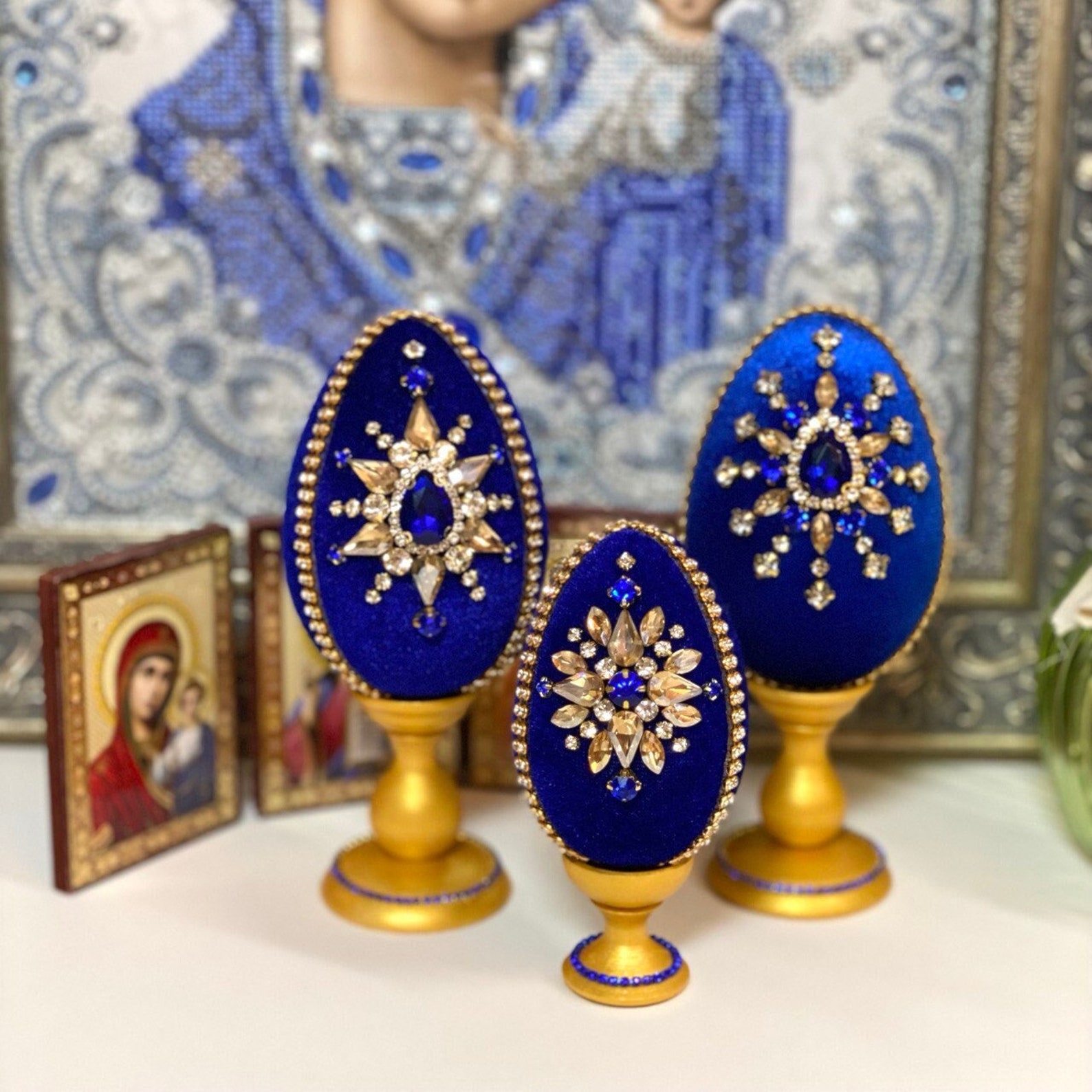 Velvet Easter Eggs Royal Blue Easter Decor, Rhinestone Decorative Eggs ...