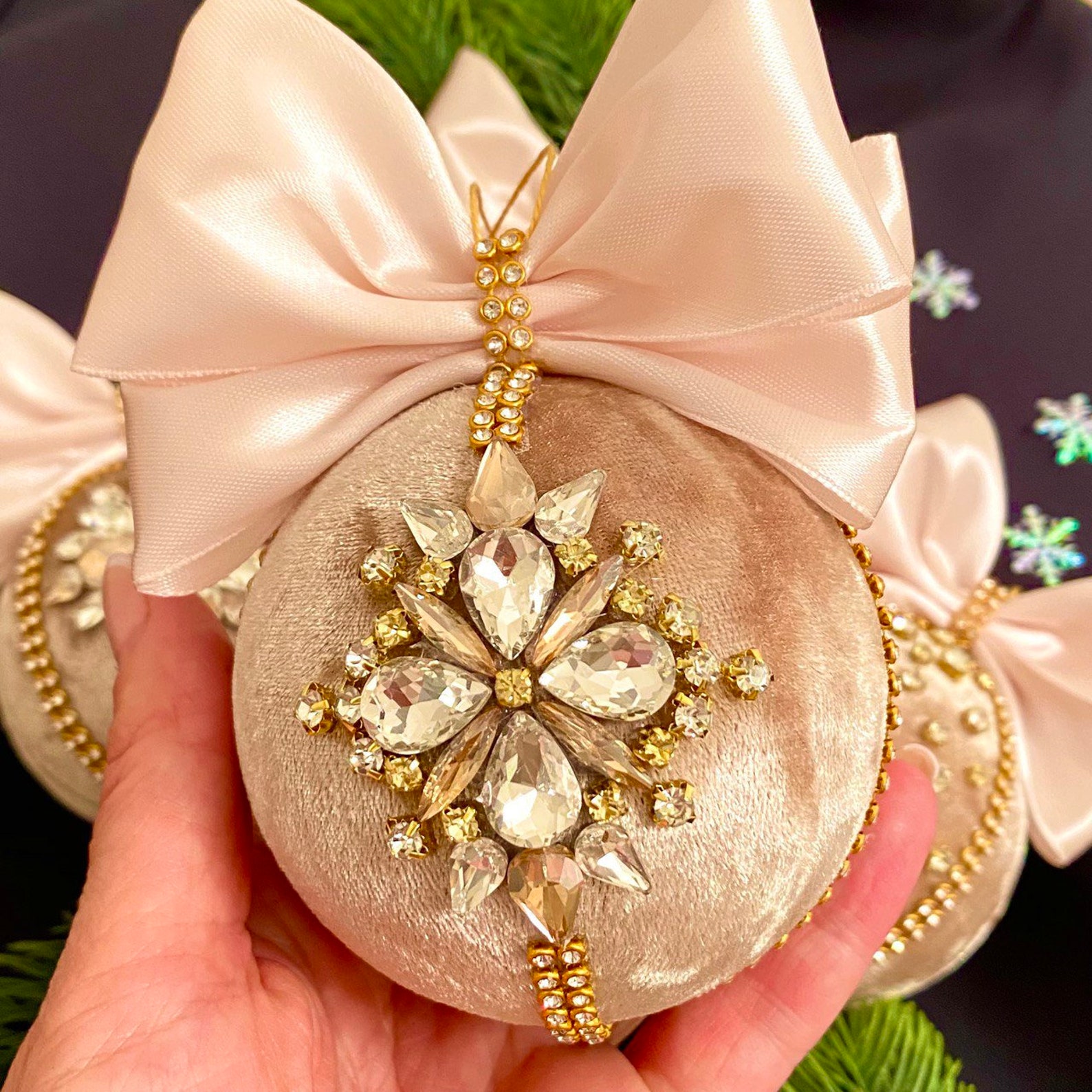 Velvet Rhinestone Balls. Beige Gold Christmas Ornament. Christmas ...