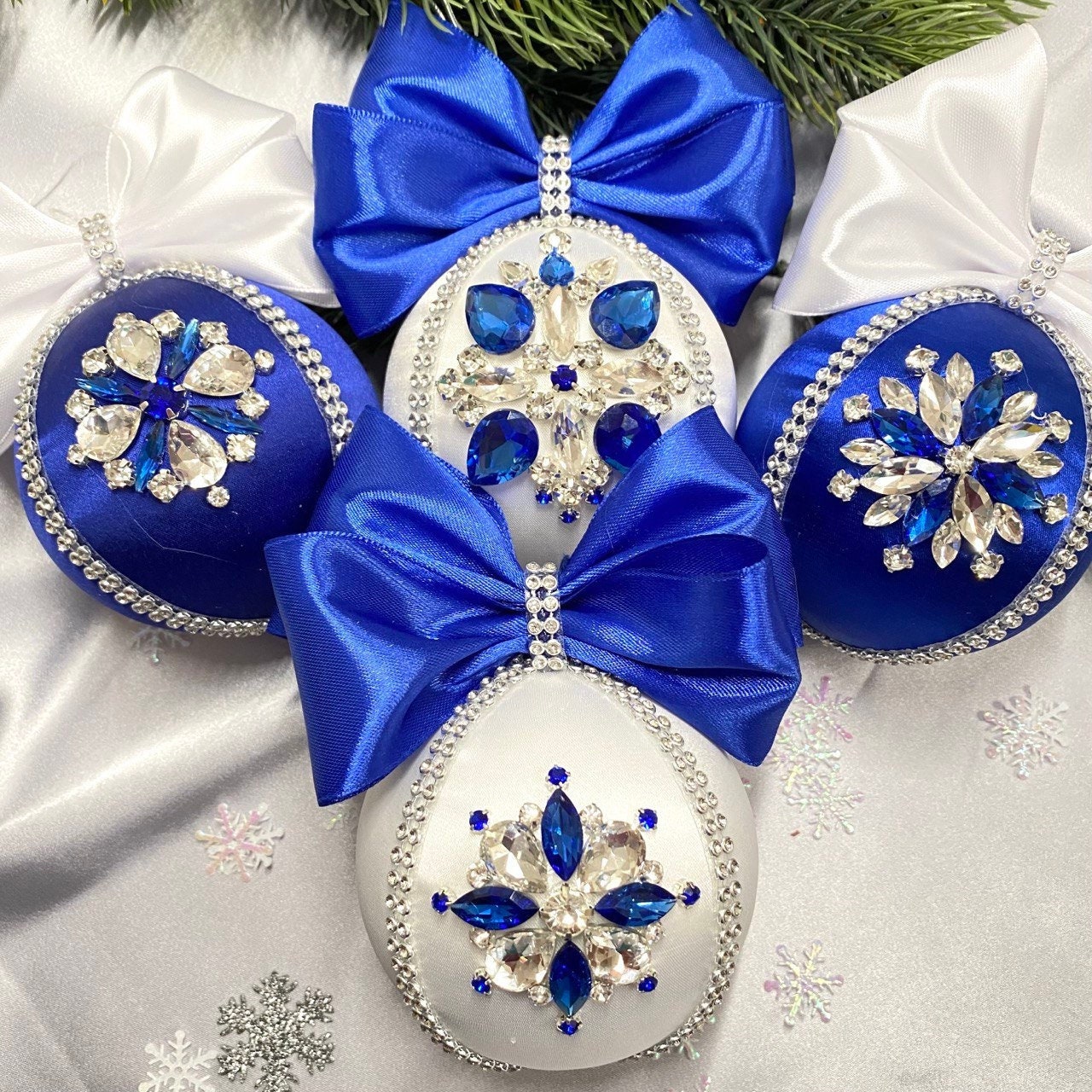 Rhinestone Ball Christmas Ornament, Glam Handmade Baubles, White Blue ...
