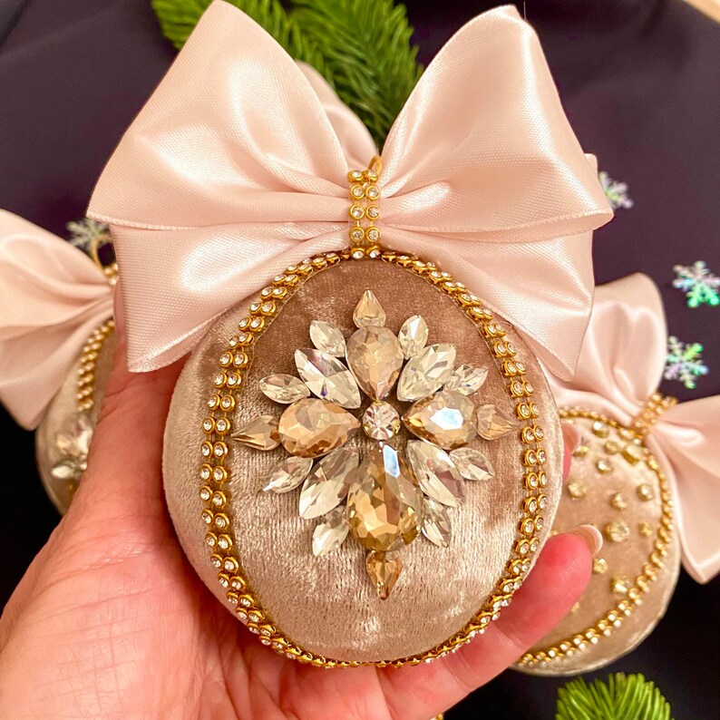 Velvet Rhinestone Balls. Beige Gold Christmas Ornament. Christmas ...