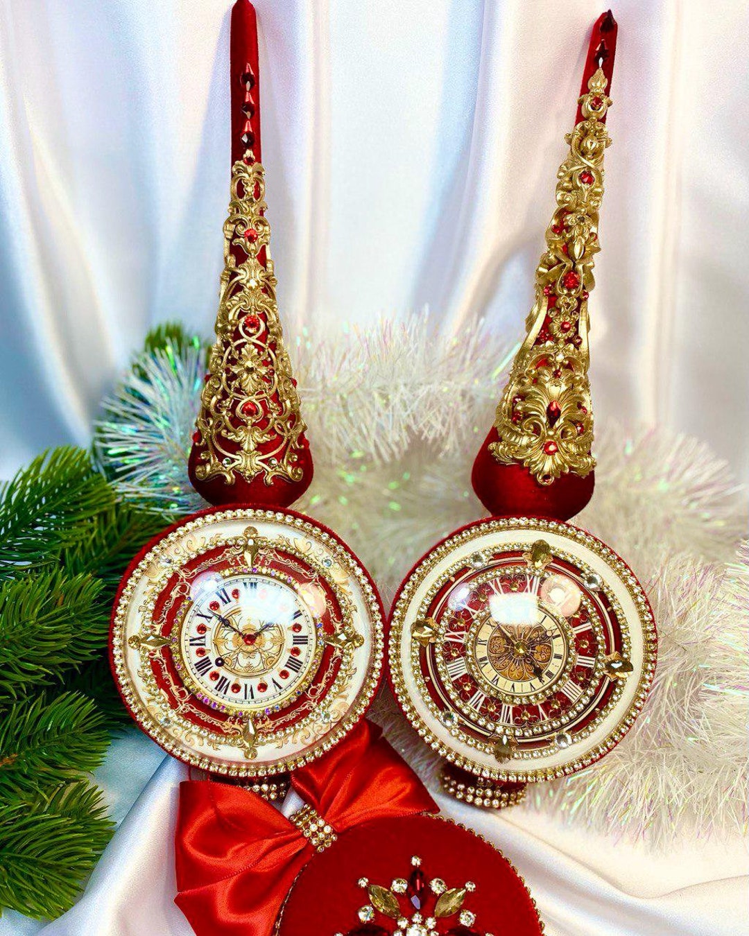 Red Christmas Ornament Tree Topper Clock Face, Gold Victorian Christmas ...
