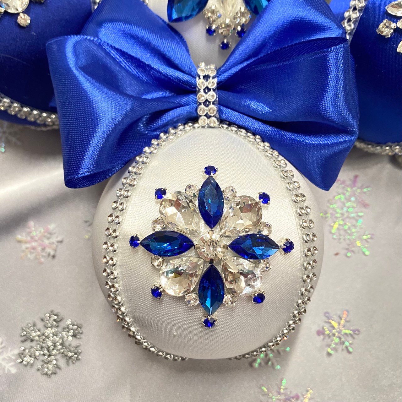 Rhinestone Ball Christmas Ornament, Glam Handmade Baubles, White Blue ...