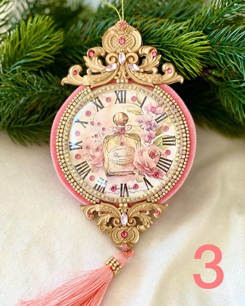 Victorian Christmas Ornament Clock Face, Pink Christmas Tree Decor ...