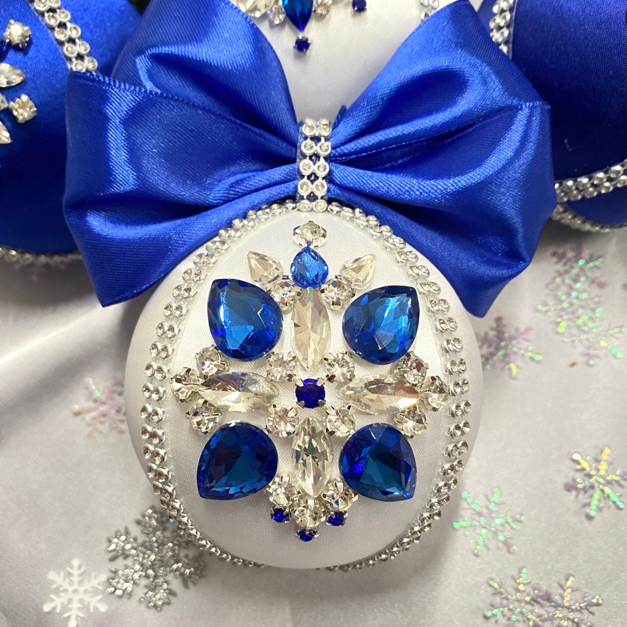 Rhinestone Ball Christmas Ornament, Glam Handmade Baubles, White Blue ...
