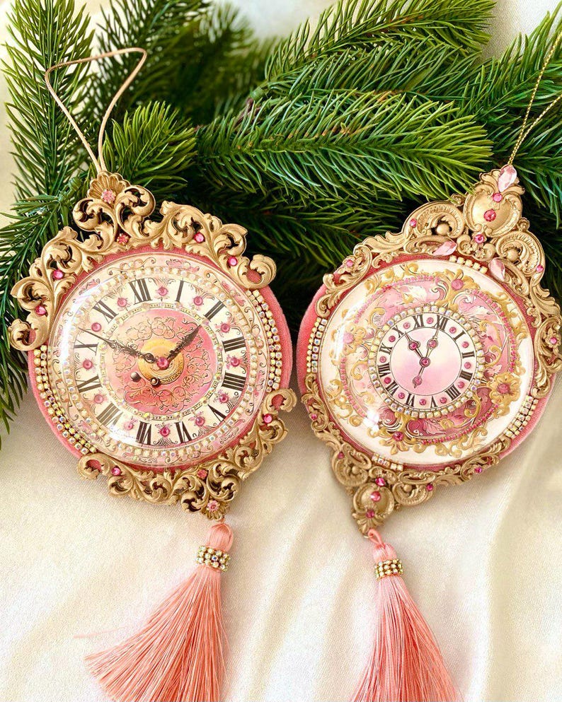 Victorian Christmas Ornament Clock Face, Pink Christmas Tree Decor ...