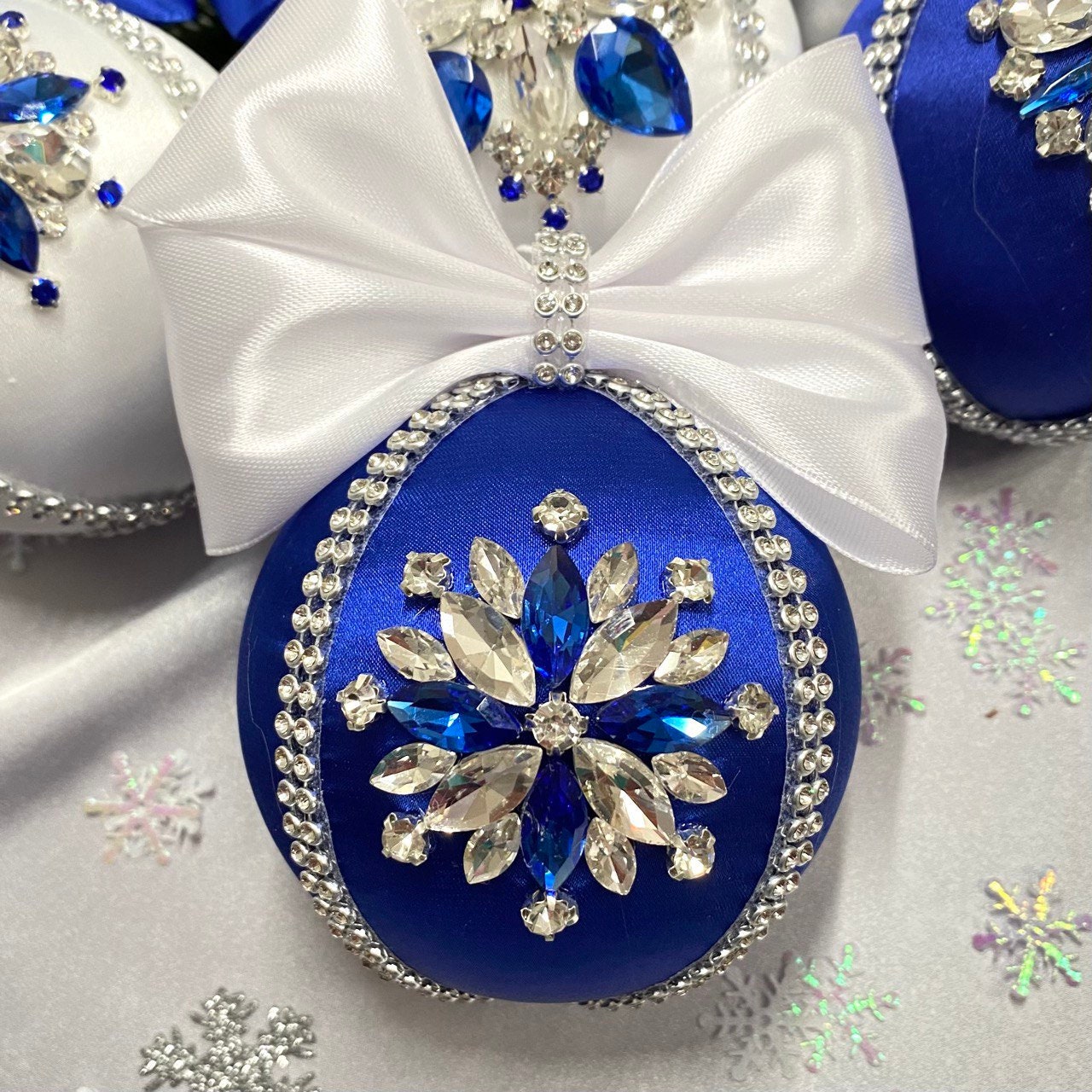 Rhinestone Ball Christmas Ornament, Glam Handmade Baubles, White Blue ...