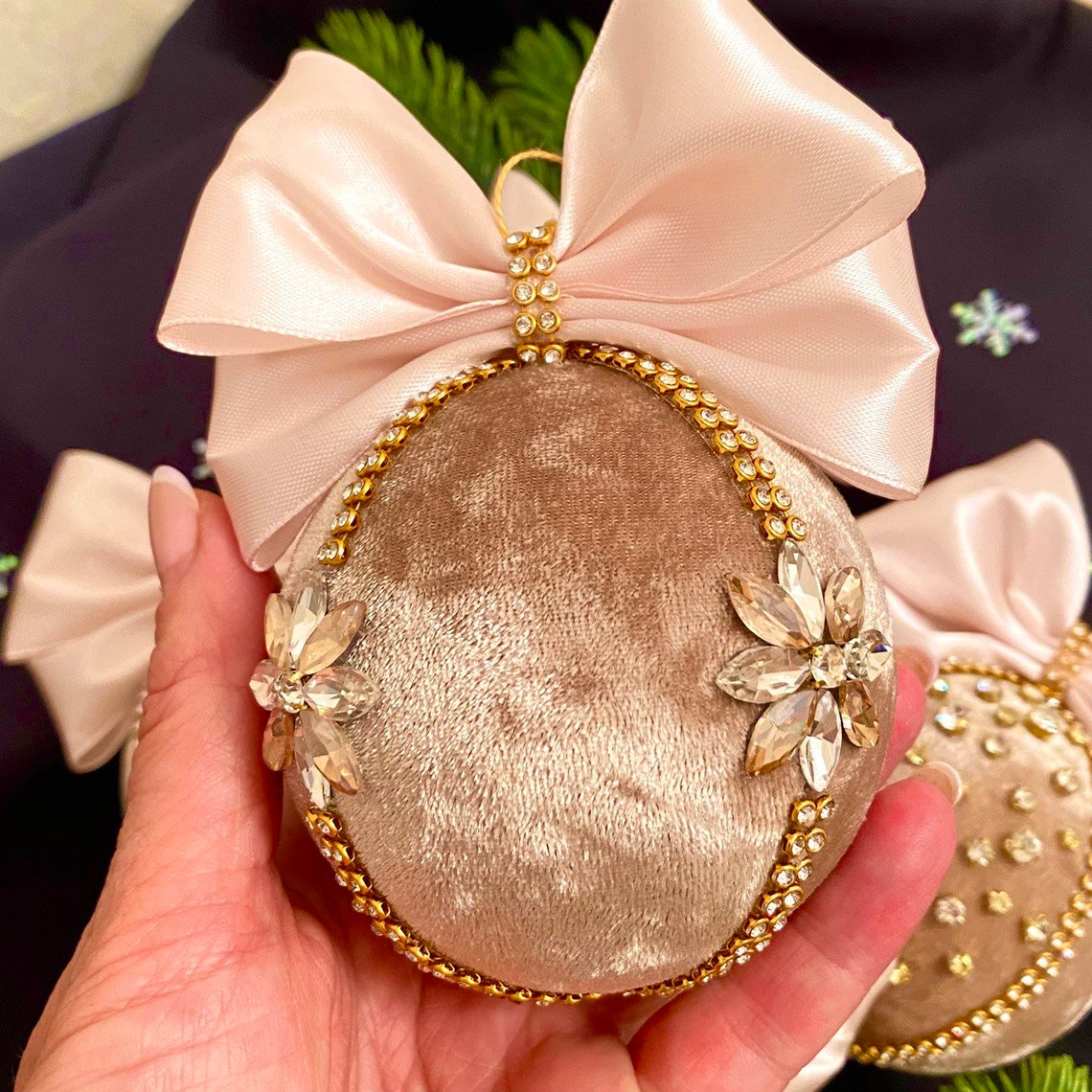 Velvet Rhinestone Balls. Beige Gold Christmas Ornament. - Etsy