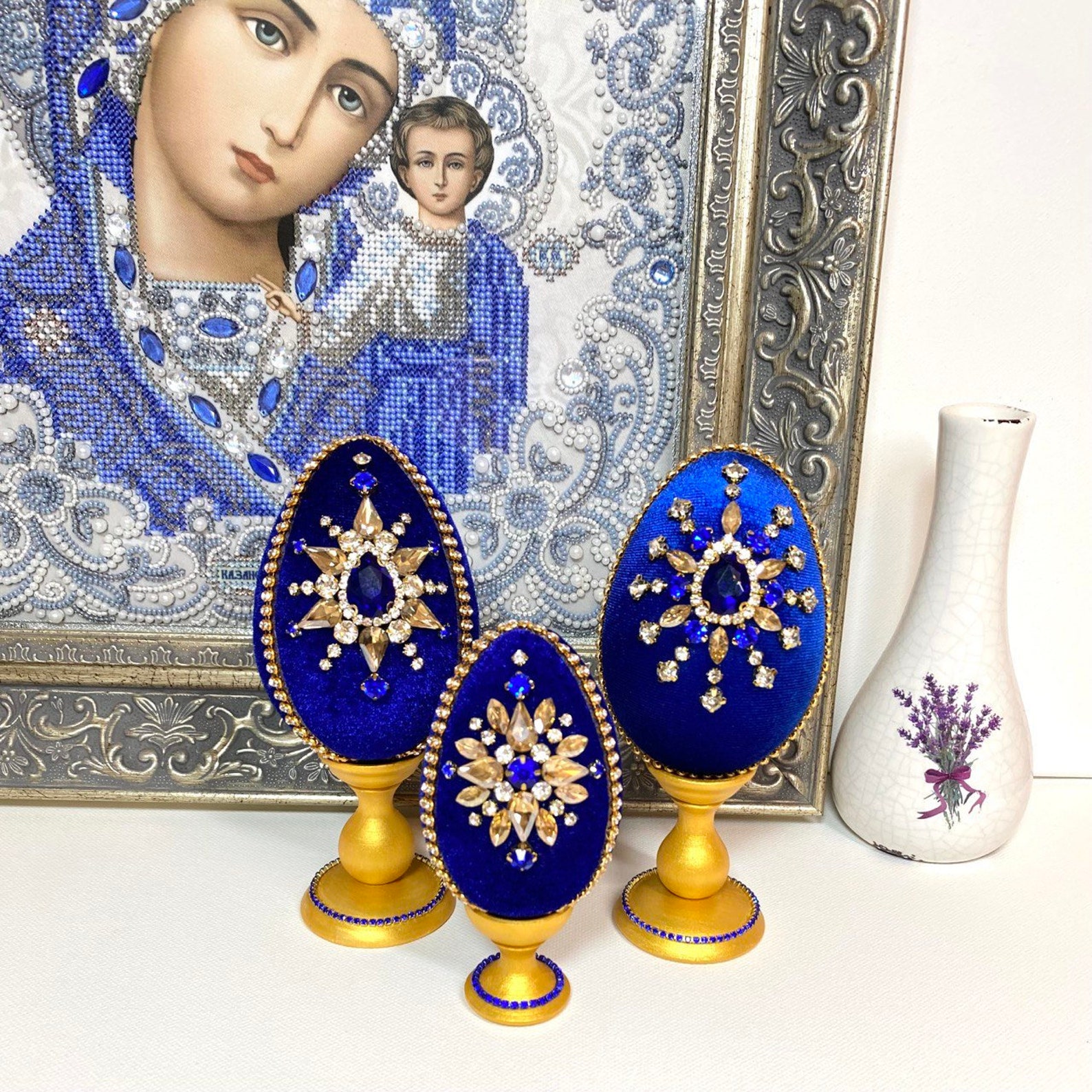 Velvet Easter Eggs Royal Blue Easter Decor, Rhinestone Decorative Eggs ...