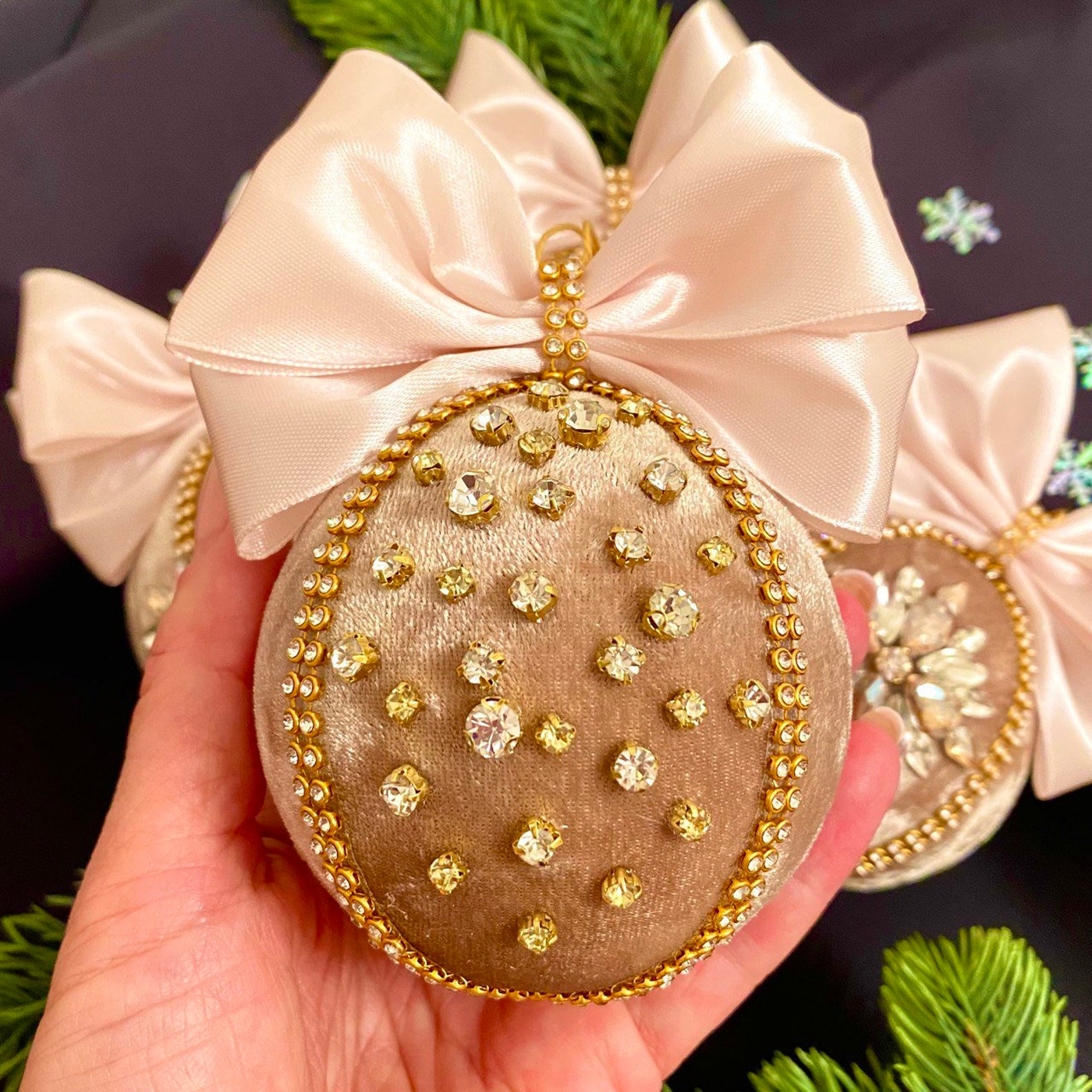 Velvet Rhinestone Balls. Beige Gold Christmas Ornament. Christmas ...