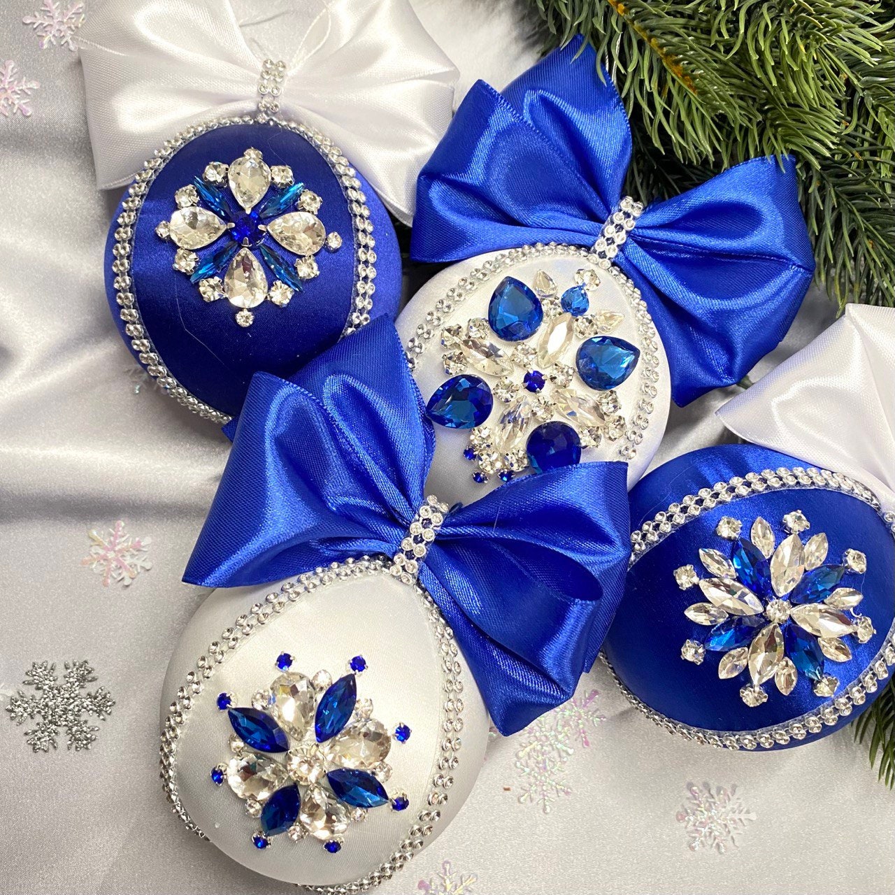 Rhinestone Ball Christmas Ornament, Glam Handmade Baubles, White Blue ...