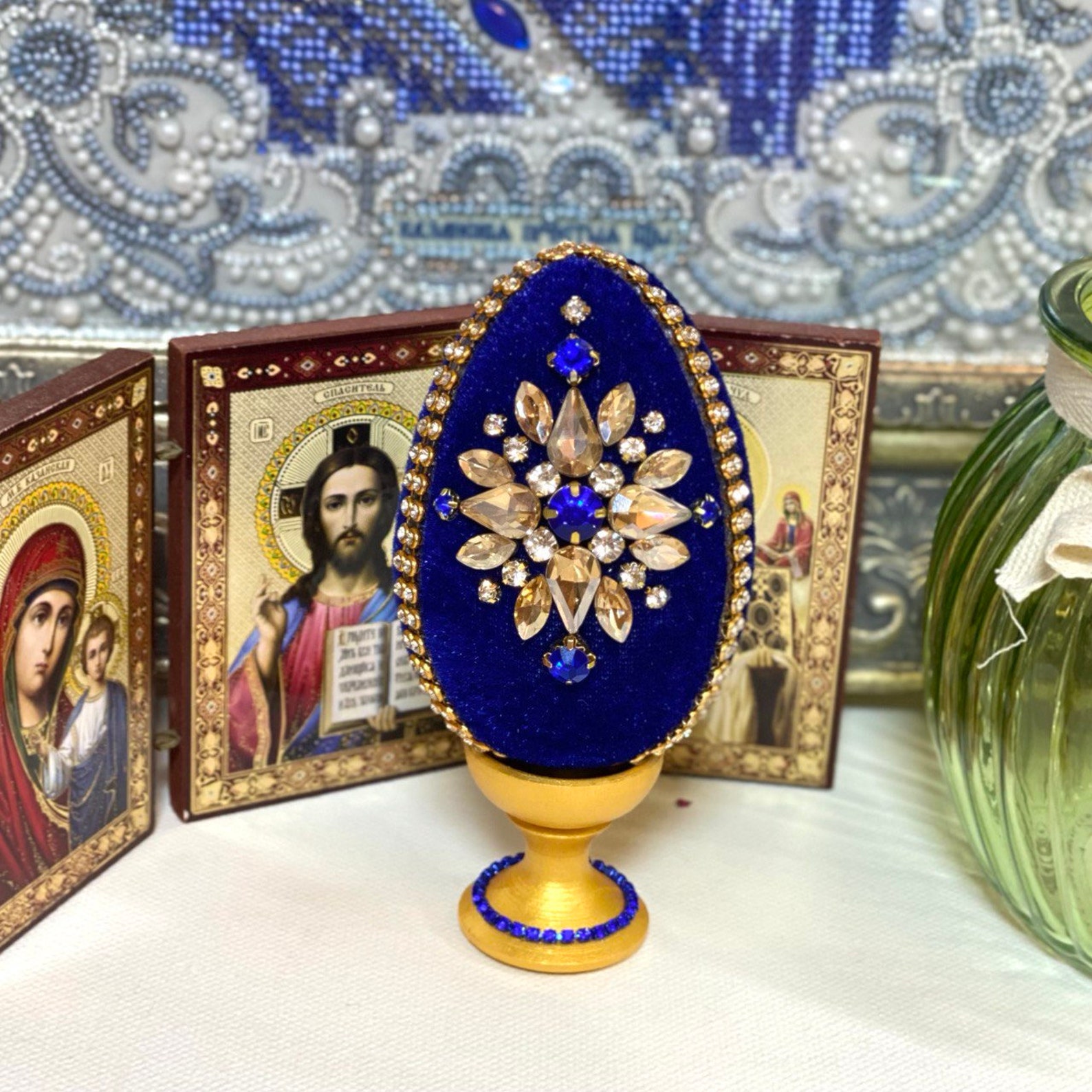 Velvet Easter Eggs Royal Blue Easter Decor, Rhinestone Decorative Eggs ...