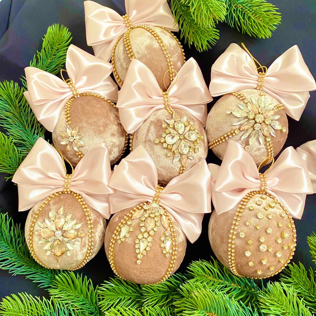 Velvet Rhinestone Balls. Beige Gold Christmas Ornament. Christmas ...
