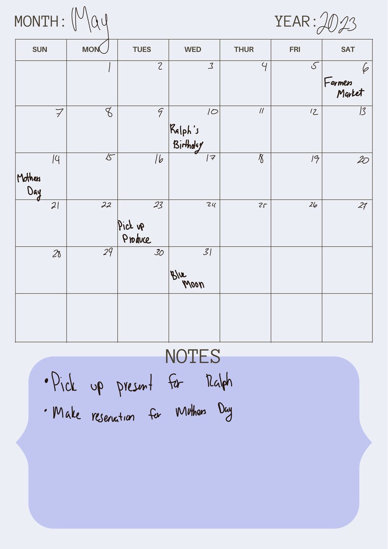 Cool Colored Monthly Calendar With Notes Section - Etsy