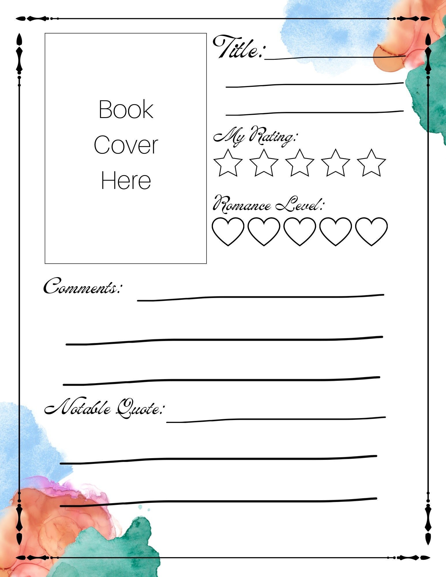 White, Lightly Colored, Romance Book Log With Room for Book Cover ...